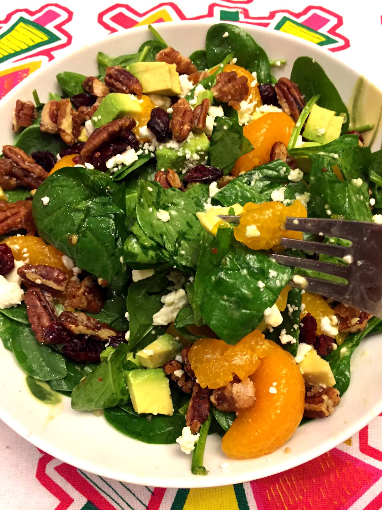 Spinach Salad With Candied Pecans Dried Cranberries Avocado Feta And